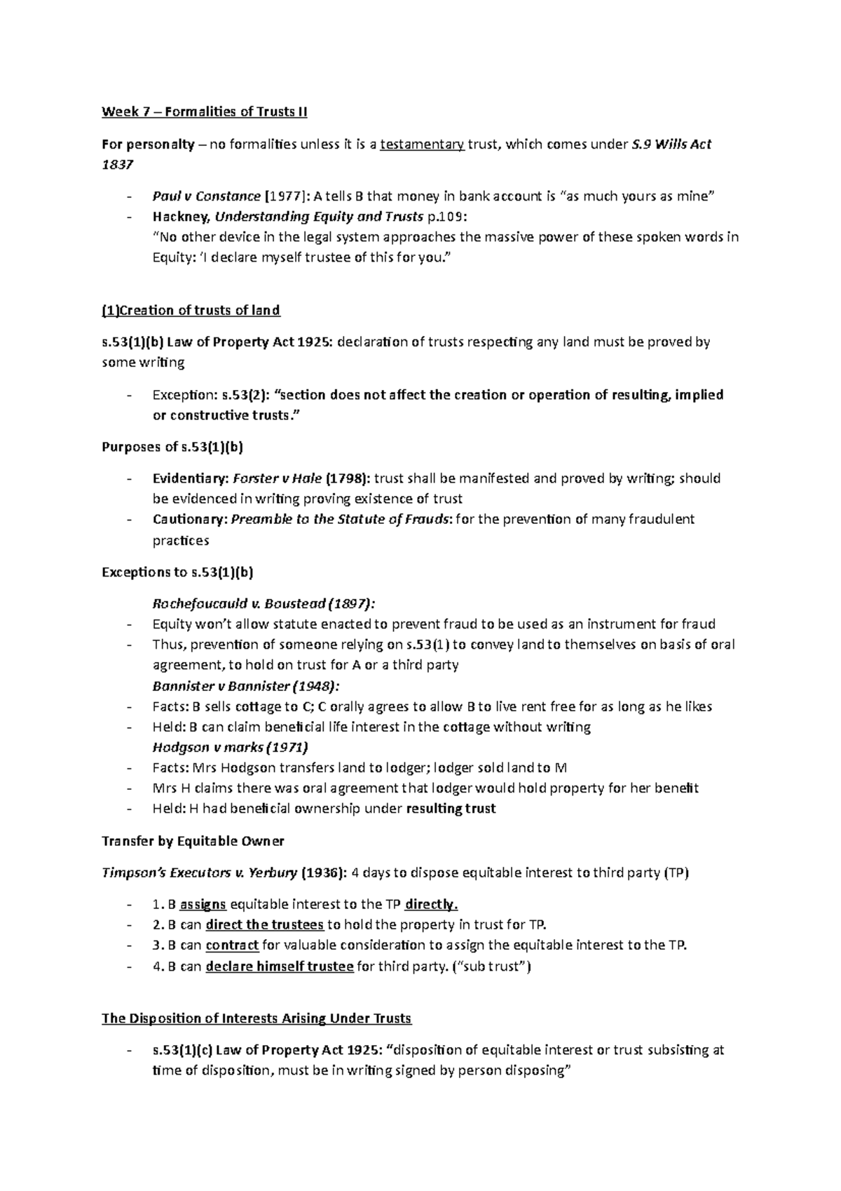 Trusts II: Week 7 - Understanding Formalities & Legal Principles - Studocu