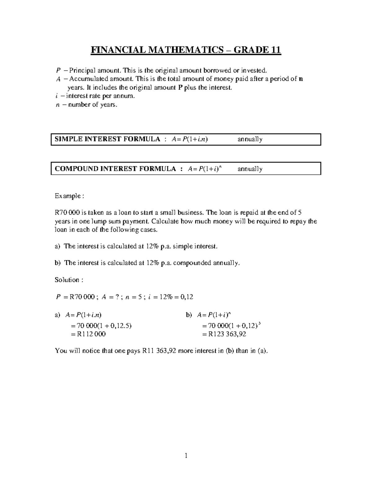 Grade 11 Financial Mathematics Notes on Interest & Investments - Studocu