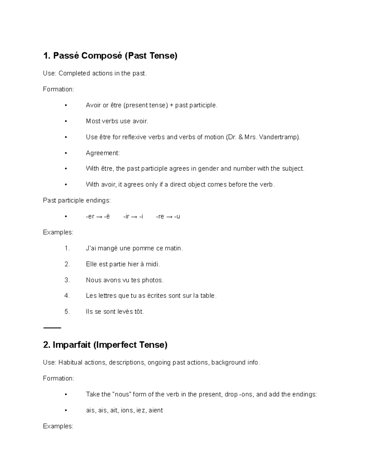 French Exam: Tenses Overview and Usage (Passé Composé, Imparfait, Futur ...