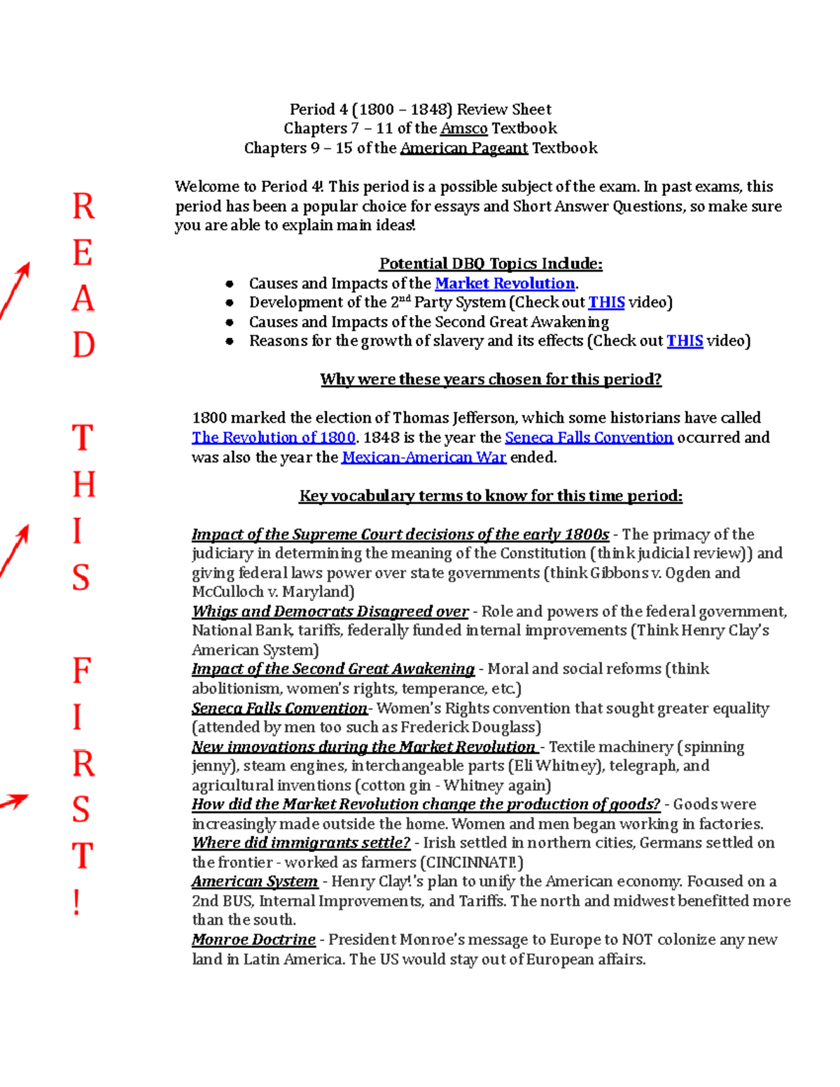 Period 4 1800-1848 Review Sheet for Exam Prep: Ch. 7-11 & 9-15 - Studocu