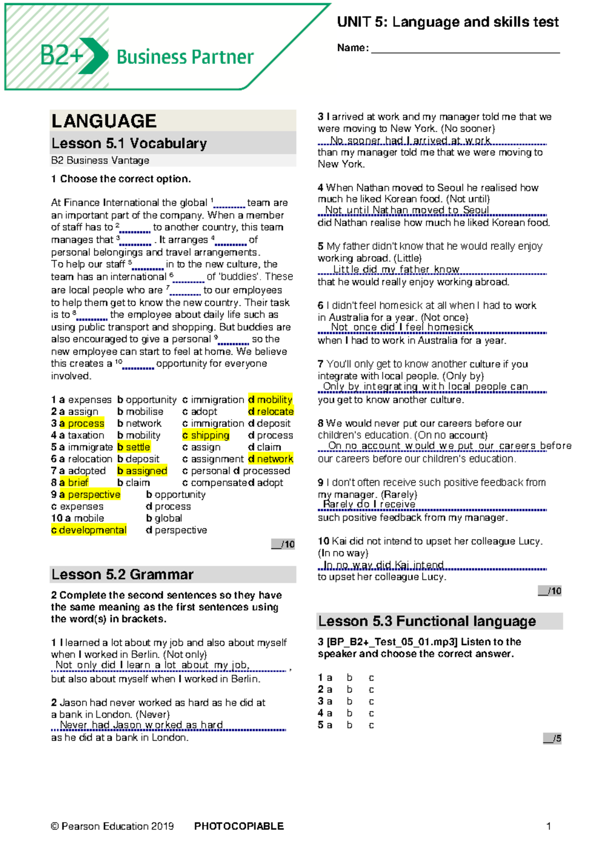 BP B2P Language & Skills Test: Unit 5 Overview - Studocu