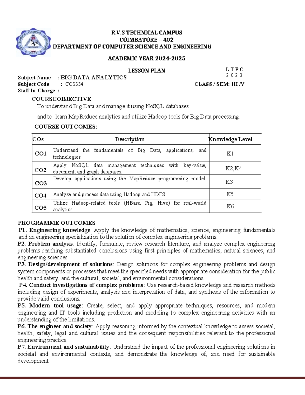 Big Data Analytics Lesson Plan - CCS334 - R.V.S Technical Campus - Studocu