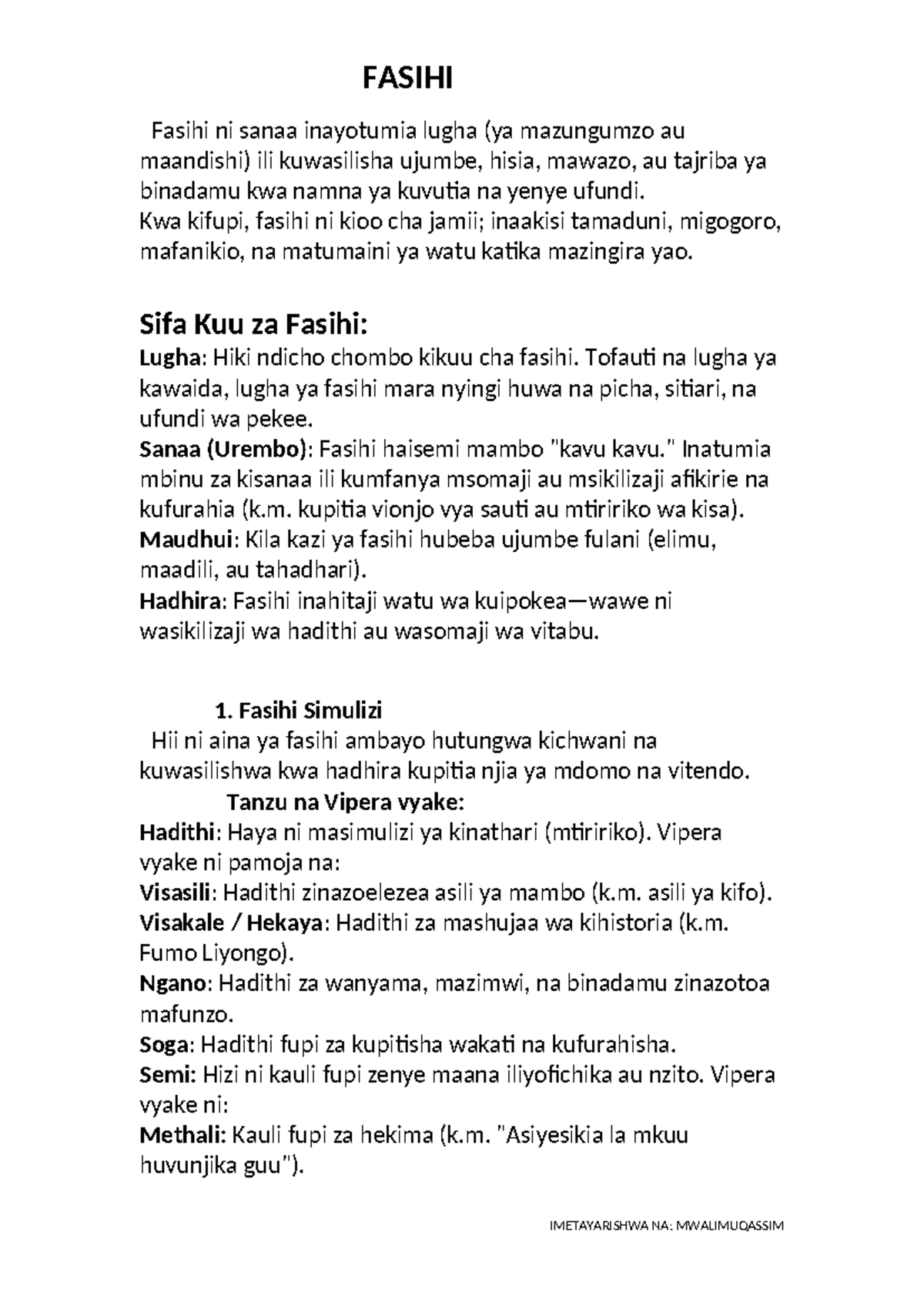 FASIHI: Maelezo na Aina za Fasihi Simulizi na Andishi - Studocu