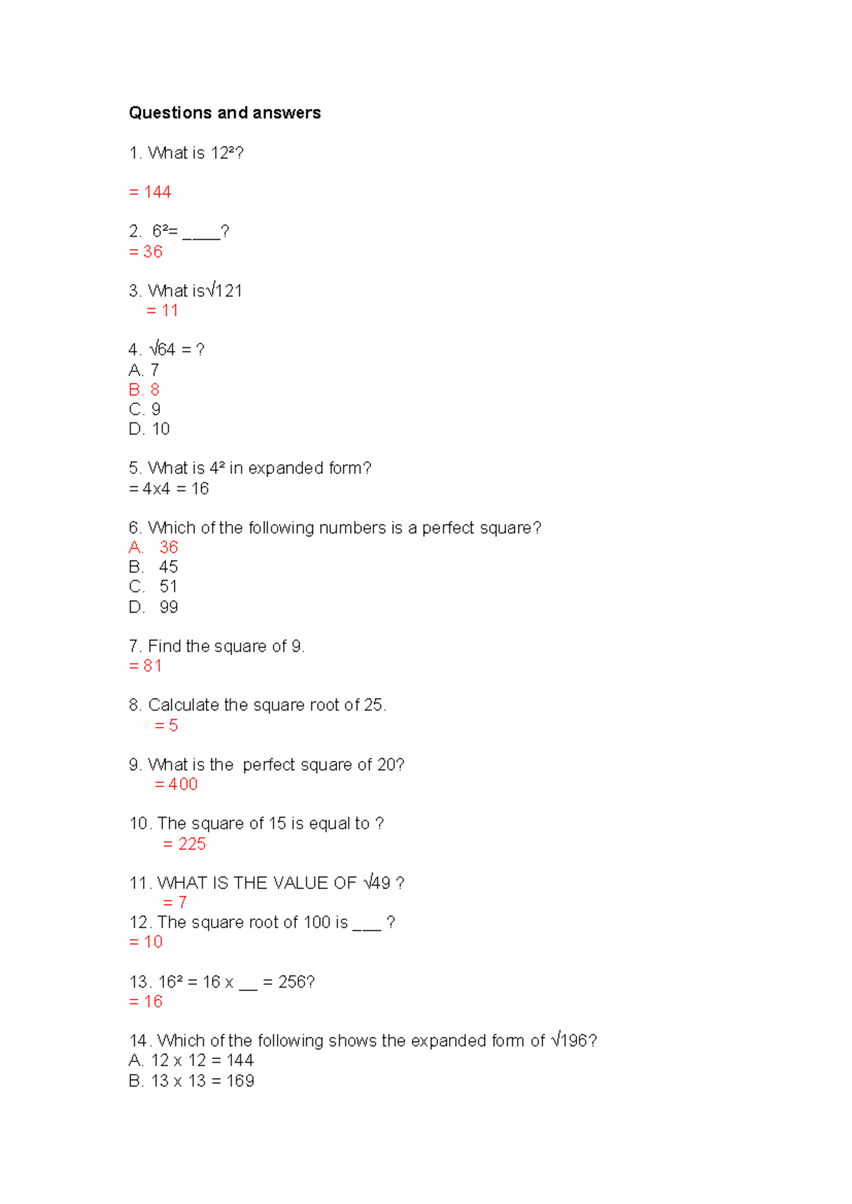 Math Quiz: Perfect Squares & Square Roots (Q&A) - Studocu
