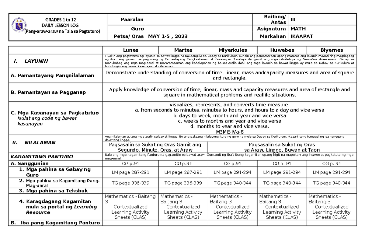 MATH W1Q4 - dll grade 3 - GRADES 1 to 12 DAILY LESSON LOG (Pang-araw ...