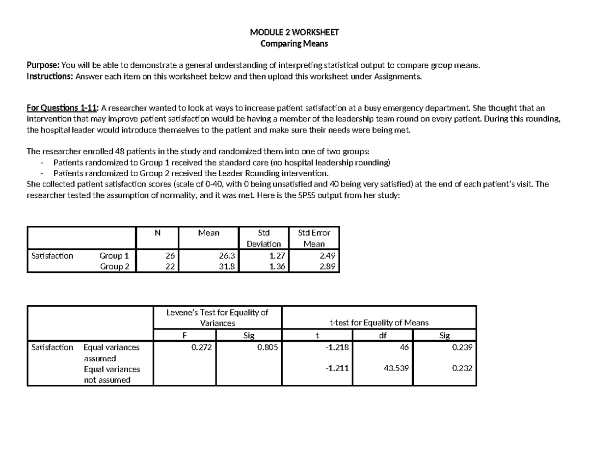 Module 2 Worksheet: Comparing Means & ANOVA Analysis - Studocu
