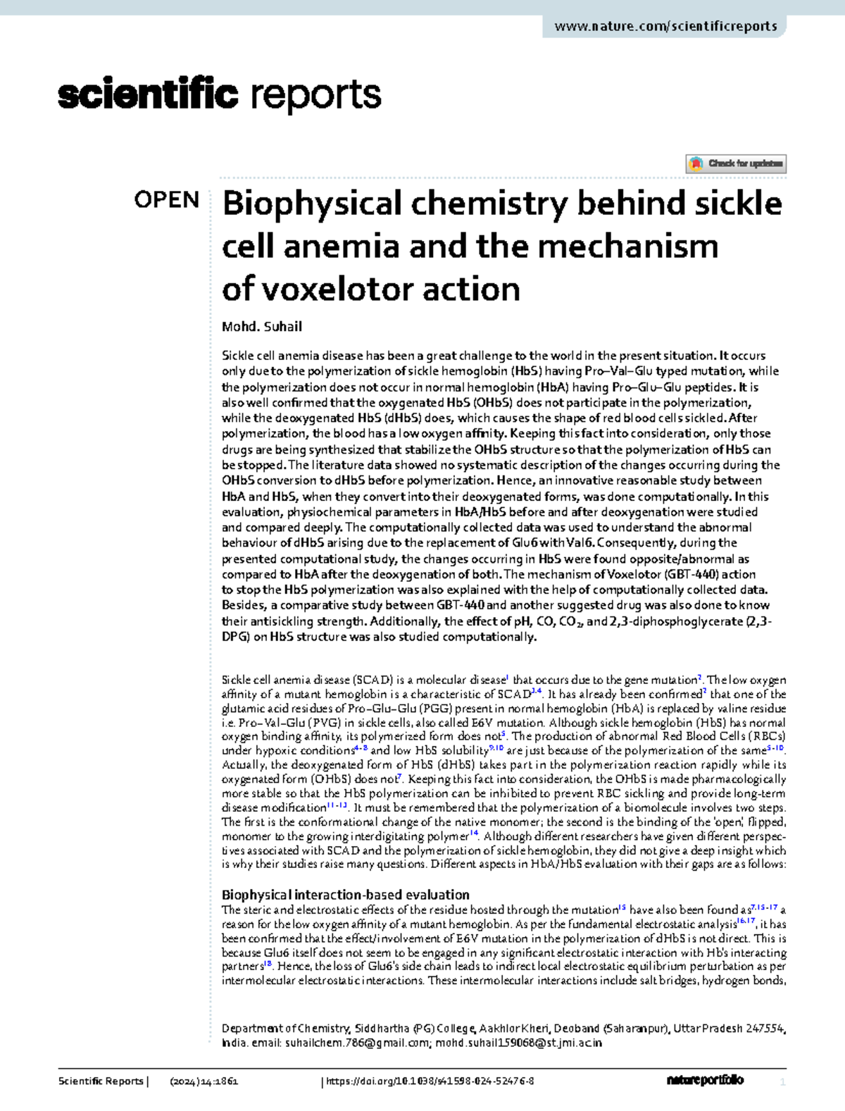 Biophysical Chemistry of Sickle Cell Anemia & Voxelotor Mechanism (CHEM ...