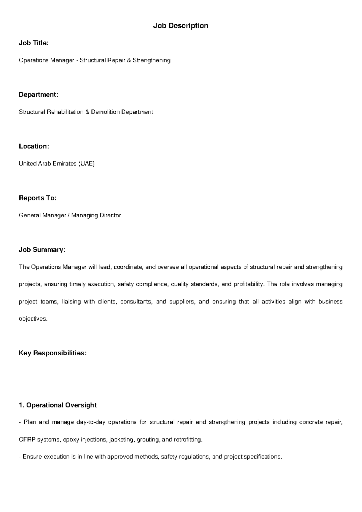 Operations Manager Job Description - Structural Repair (Etlad) - Studocu