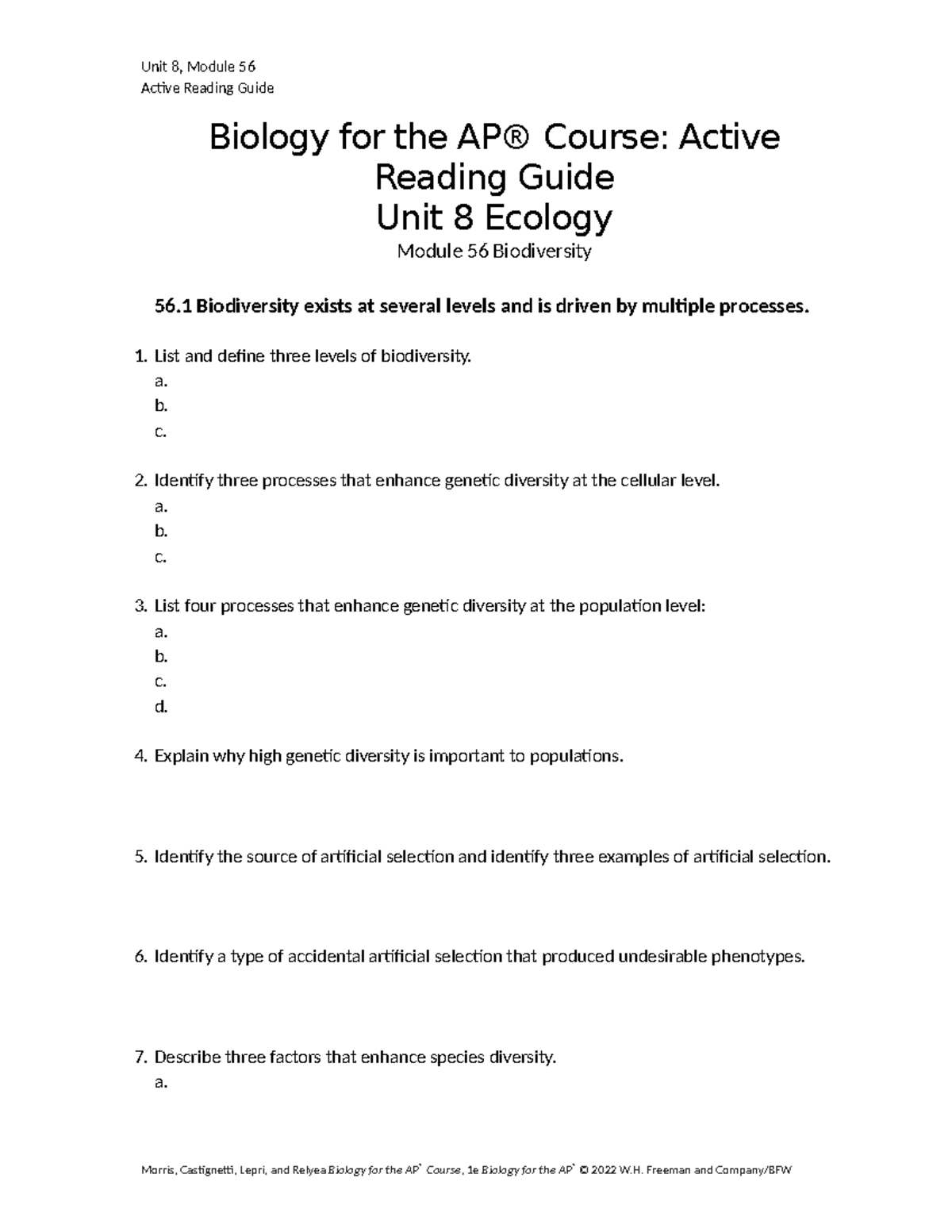 Unit 8, Module 56: Active Reading Guide on Biodiversity - Studocu