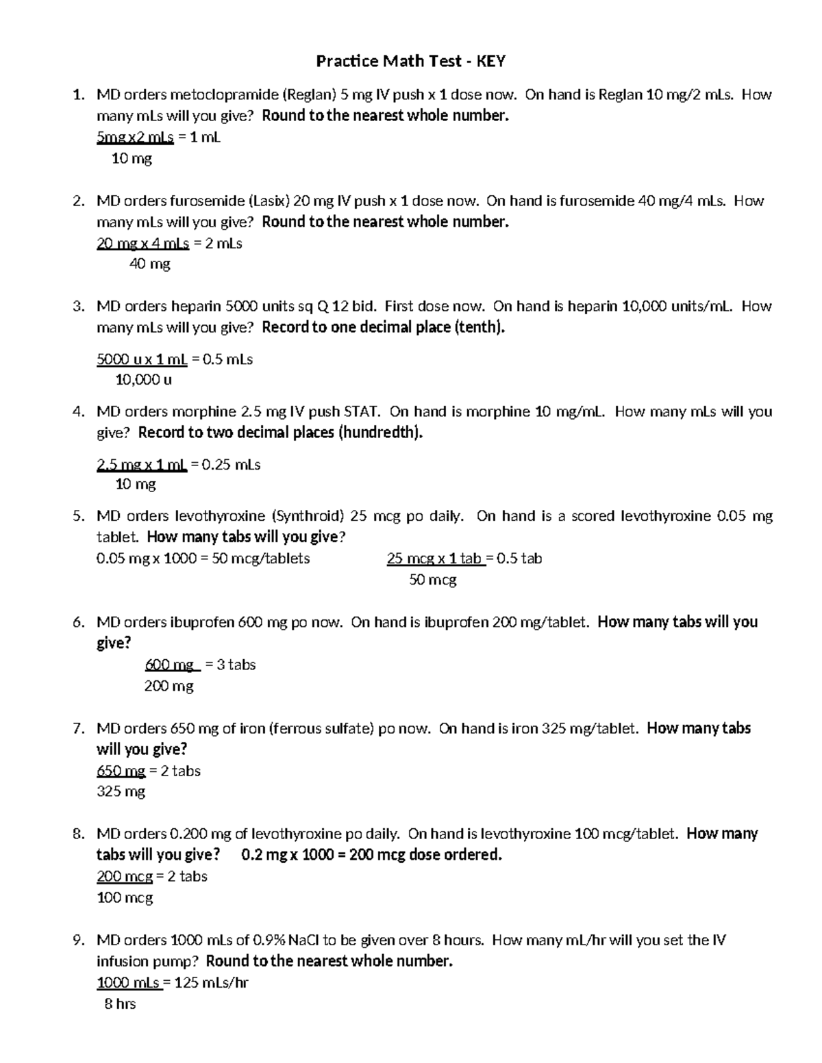 Practice Math Test LAB - KEY 4: Medication Dosage Calculations - Studocu