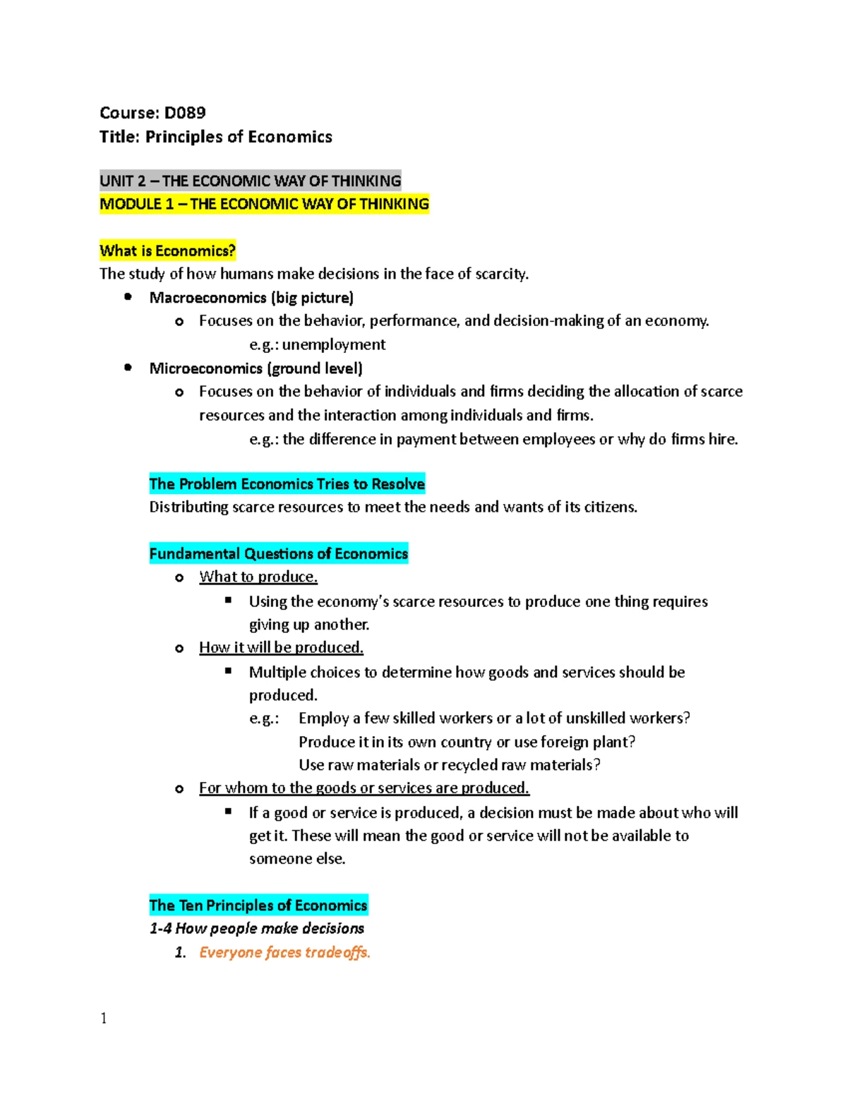 D089 Economics Study Guide: Module 1 - The Economic Way of Thinking ...