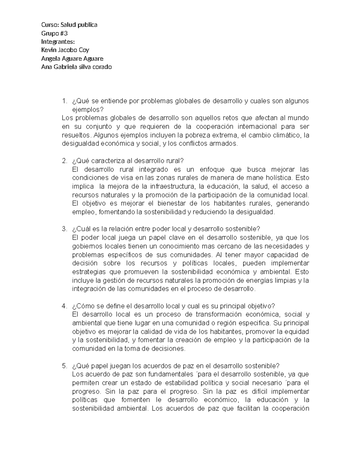 Grupo N.o 3 Preguntas Salud Publica - Curso: Salud publica Grupo ...