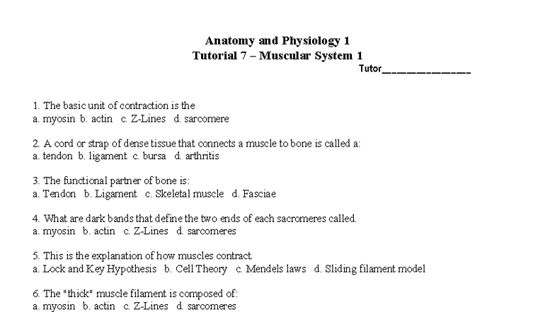 ANP 1001 - Tutorial 7: Understanding the Muscular System - Studocu