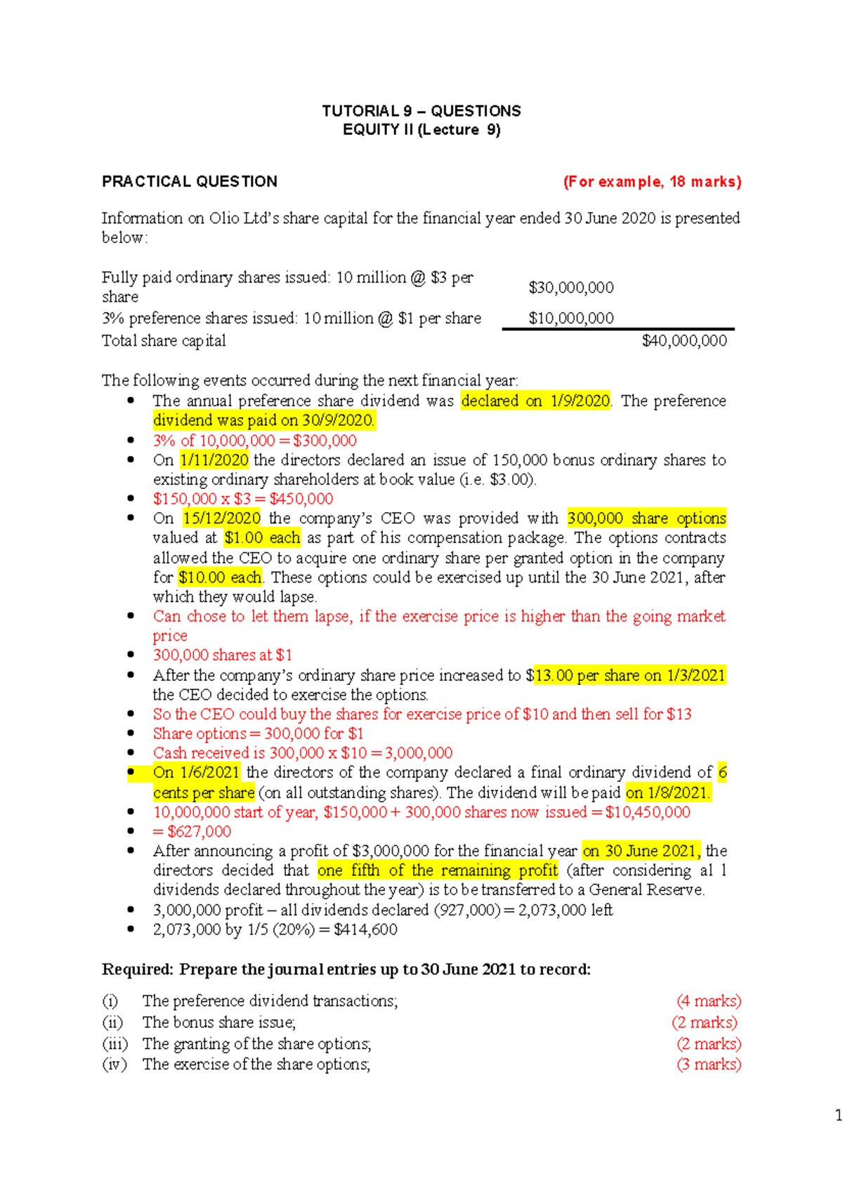 AYB200-2021-1 L9 Tutorial Questions - TUTORIAL 9 – QUESTIONS EQUITY II (Lecture 9) PRACTICAL ...