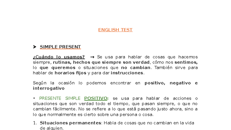 Resumen de Gramática y Uso del Presente Simple - ING A1 - Studocu