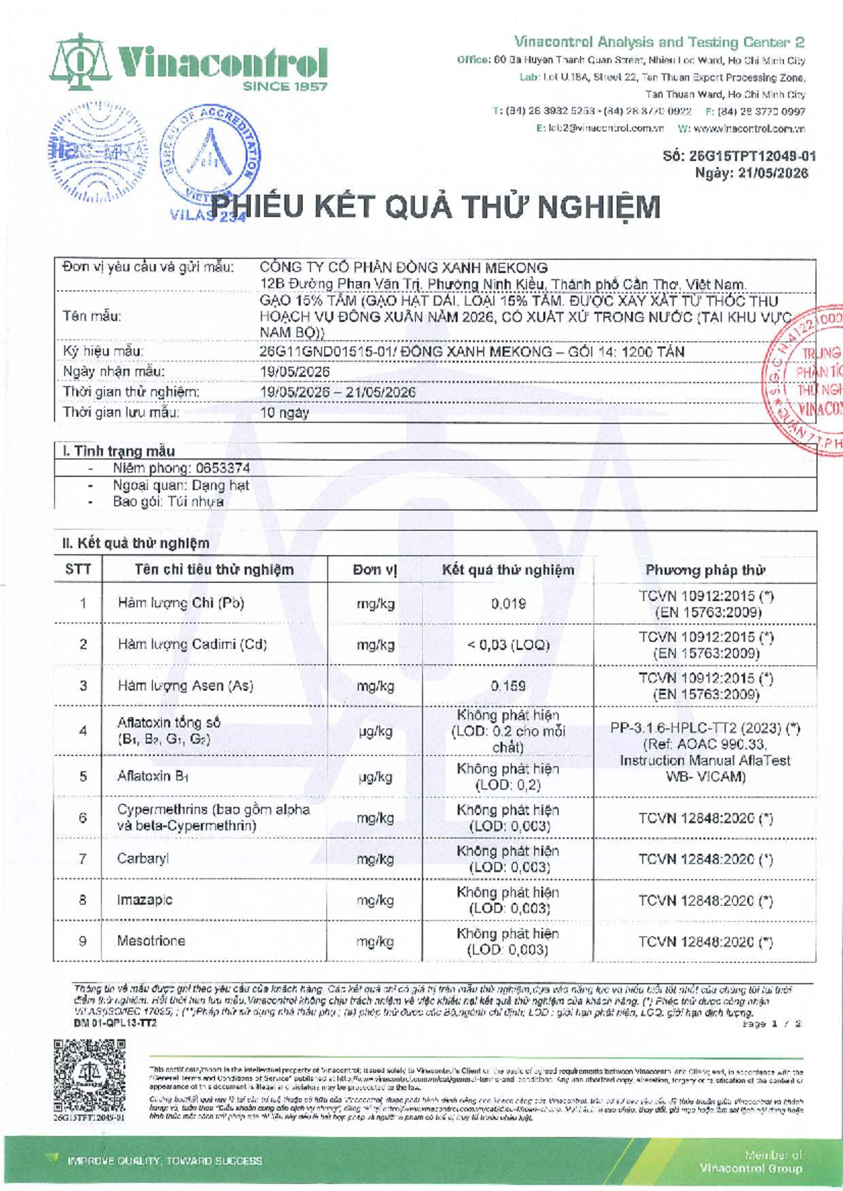 26G15TPT12049-01 - Vinacontrol Testing Report and Analysis - Studocu