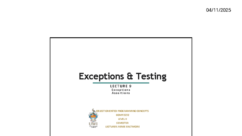 Exceptions Handling LECTURE 9 - OBJECT ORIENTED PROGRAMMING COMP2232 - Studocu