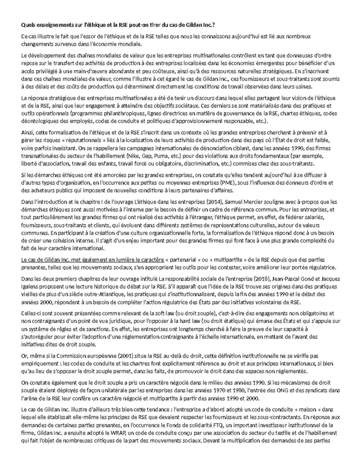 RSE et Gildan Inc. : Enseignements et Défis Éthiques (Note de cours ...
