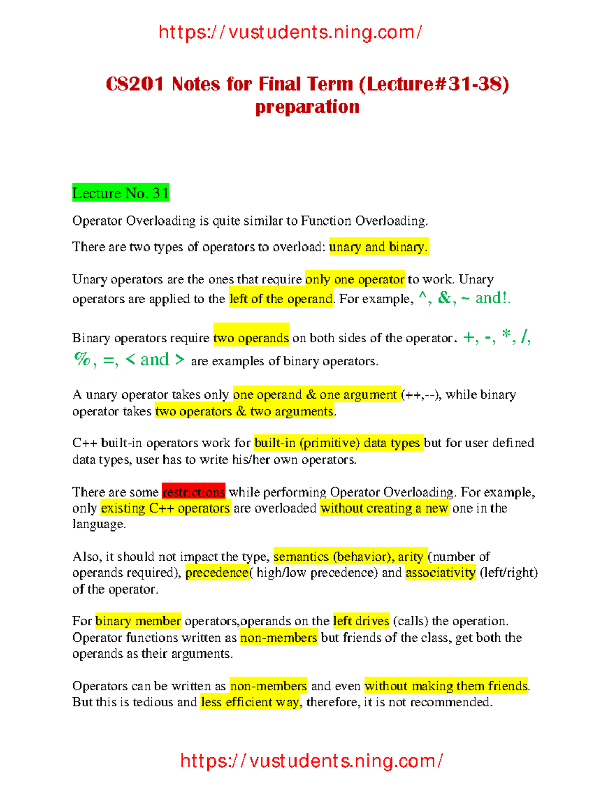 CS201 Short Notes for Final Term: Operator Overloading & Conversions ...