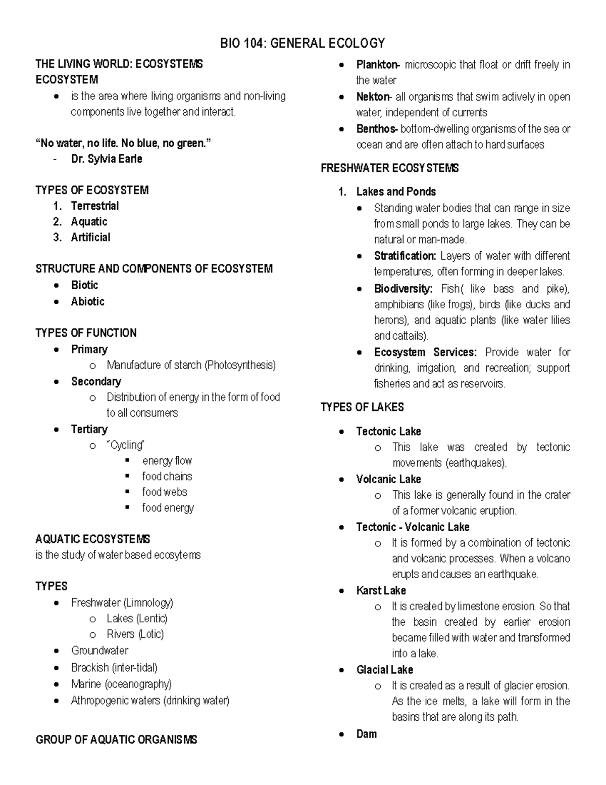 BIO 104: GENERAL ECOLOGY Comprehensive Ecosystem Review - Studocu