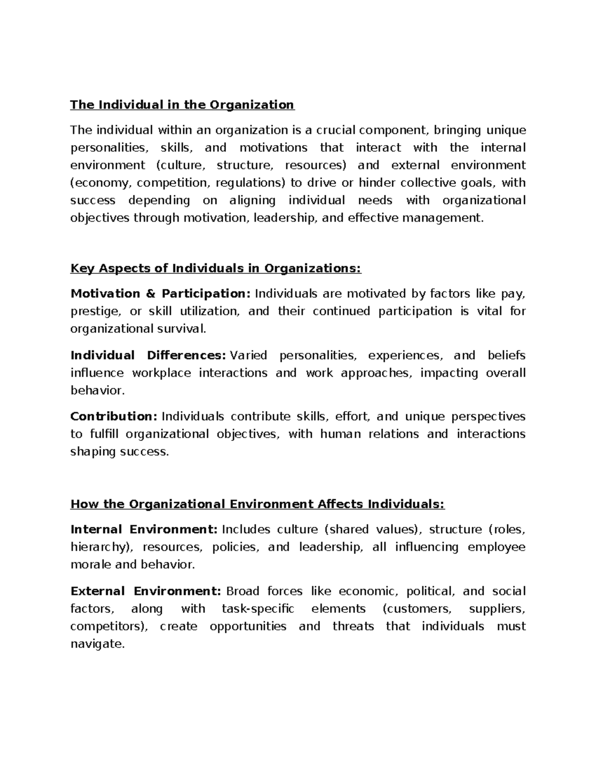 The Individual in the Organization (Final Exam) - Studocu