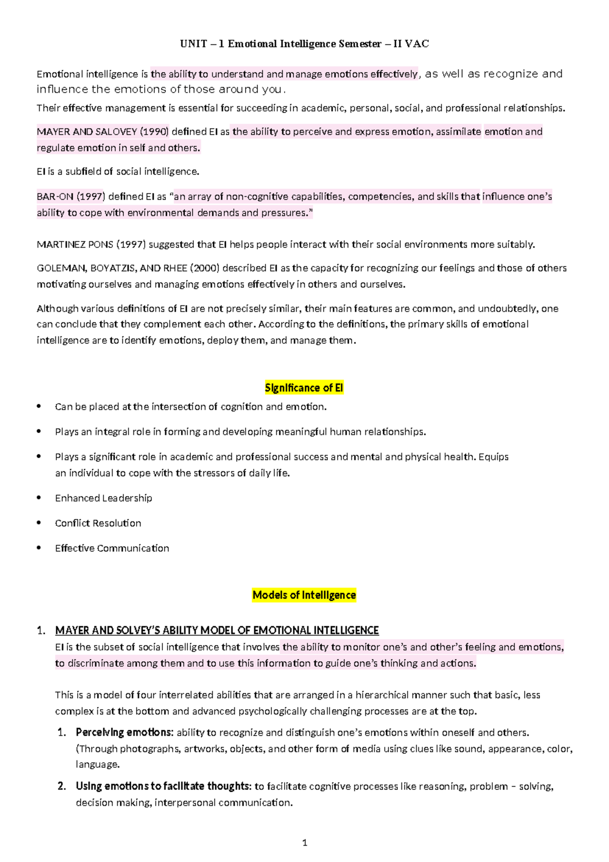 Unit 1 Emotional Intelligence Notes - Semester II VAC - Studocu