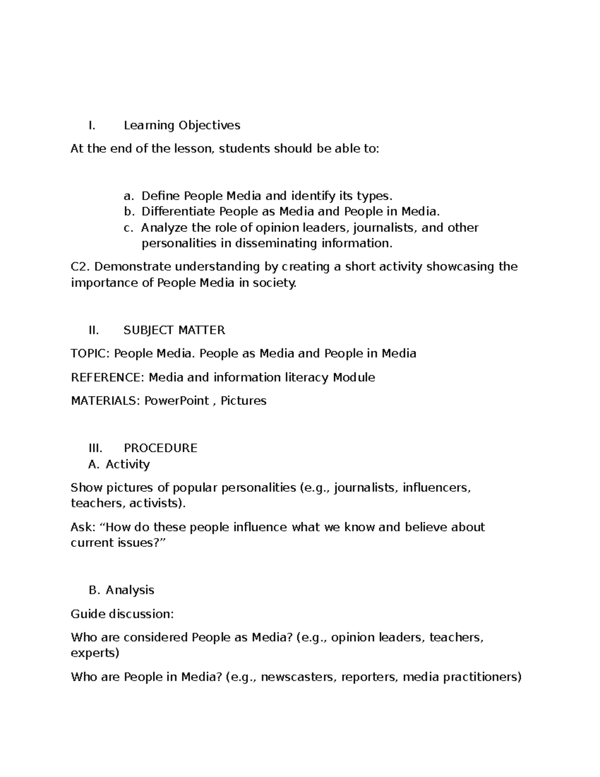 People Media Lesson Plan - Understanding Roles & Influence - Studocu