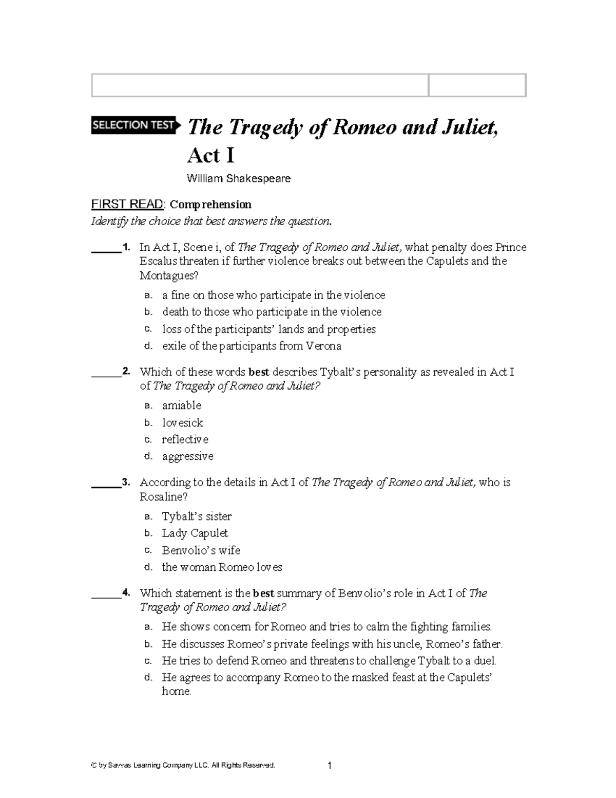 Grade 9 Unit 4 Selection Test: The Tragedy of Romeo and Juliet, Act I ...