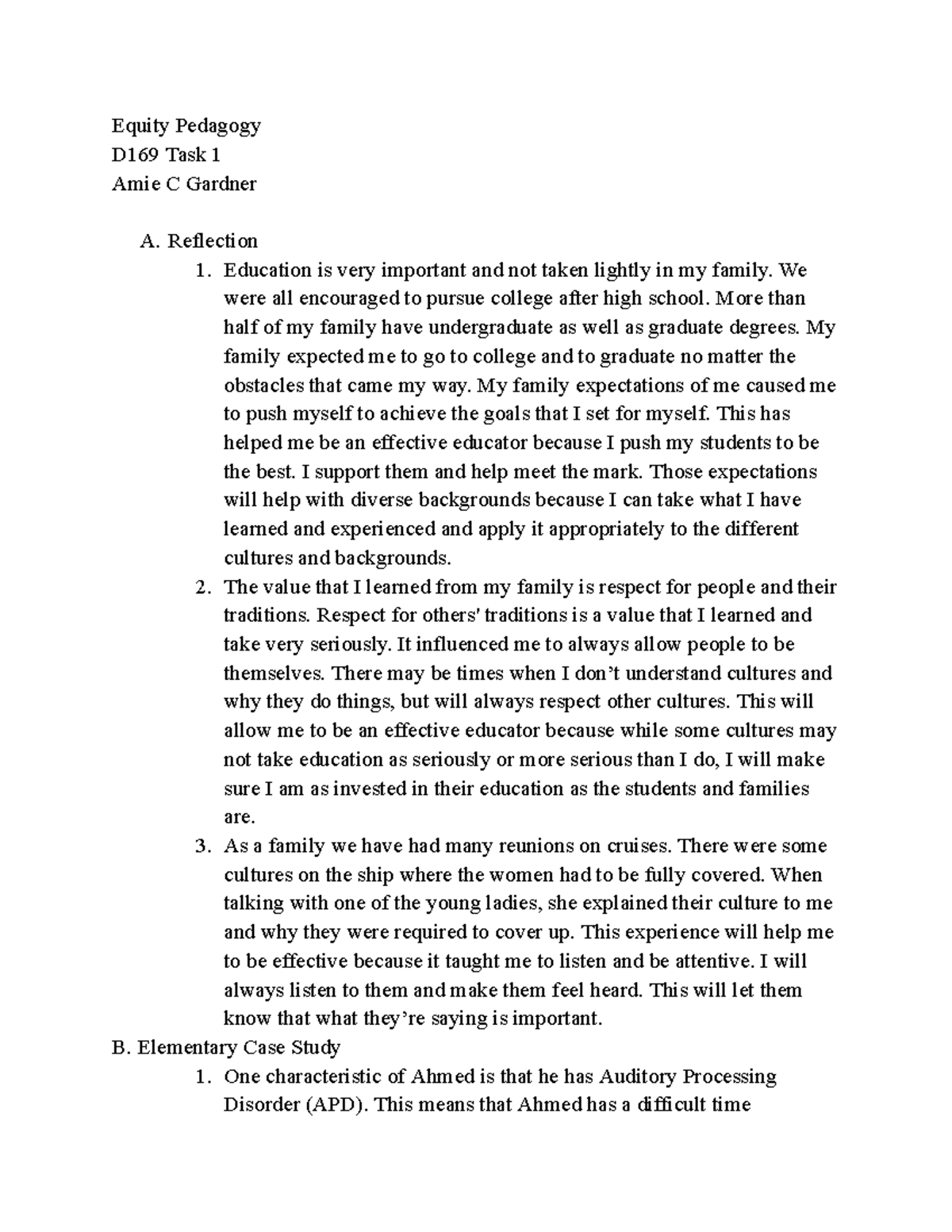 Equity Pedagogy Reflection & Case Study - D169 Task 1 - Studocu