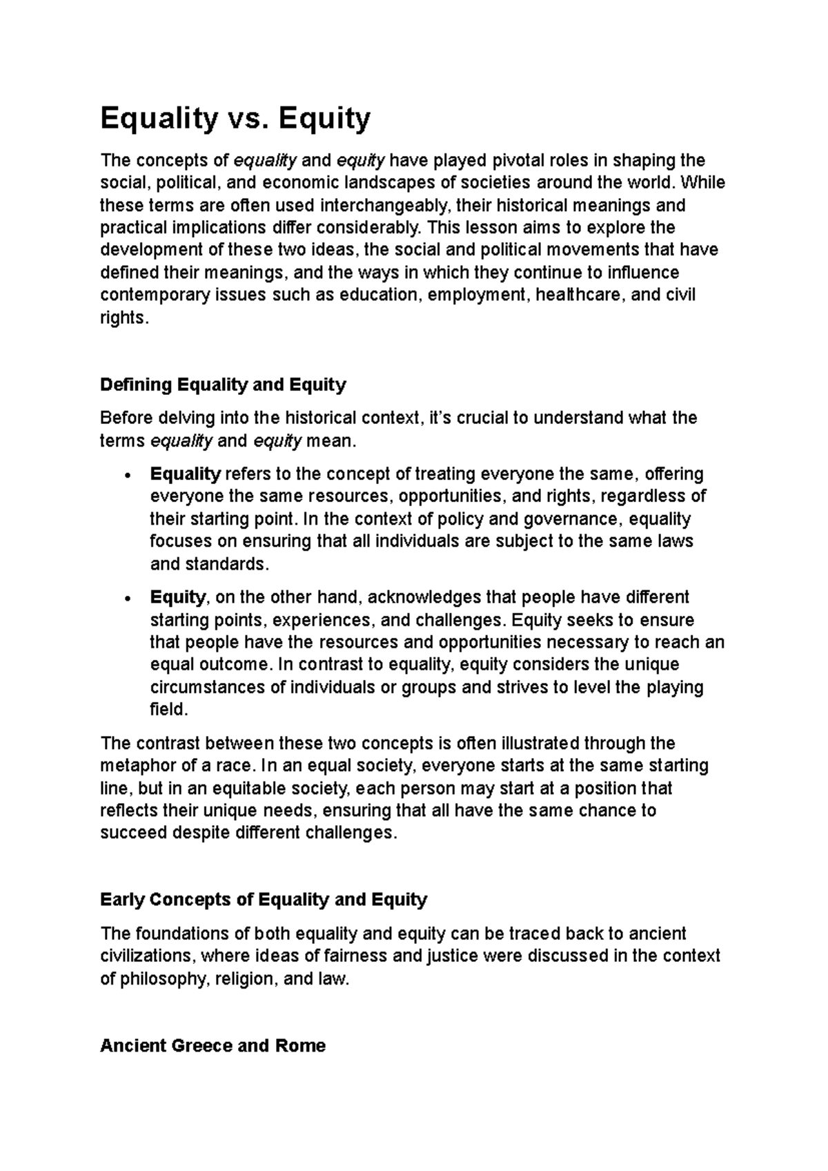 Notes on Equality vs. Equity: Historical and Modern Perspectives - Studocu