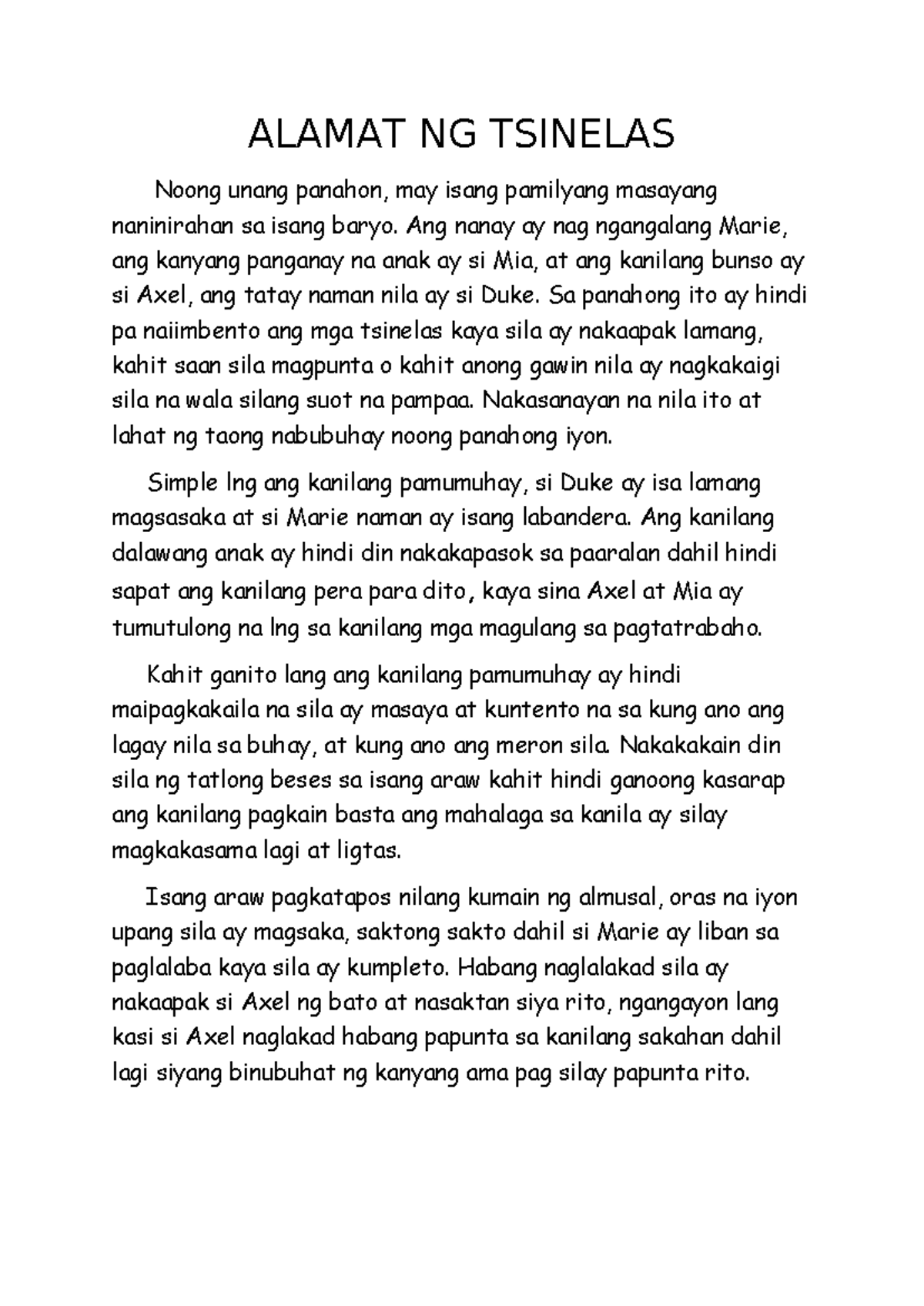 Alamat ng Tsinelas: Kuwento ng Pamilya at Inobasyon - Studocu