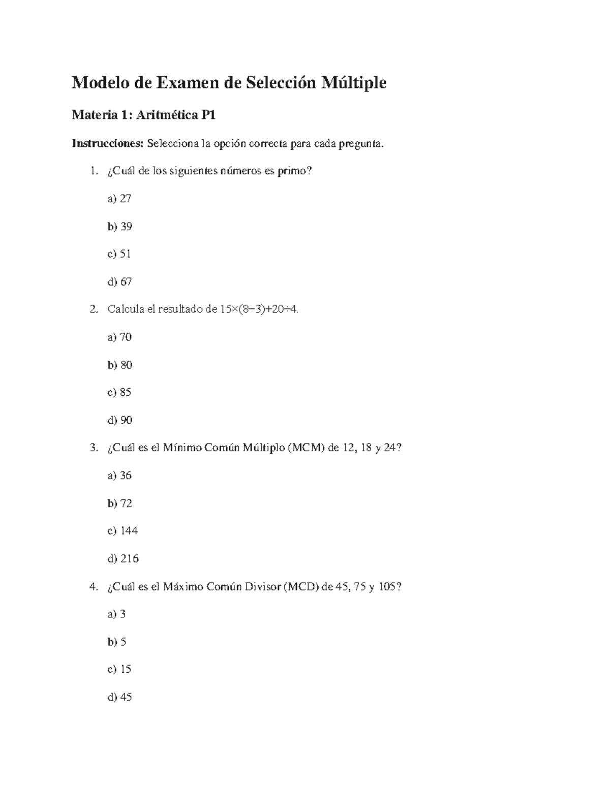 Modelo de Examen de Selección Múltiple - Facen P1 Aritmética y Lengua ...