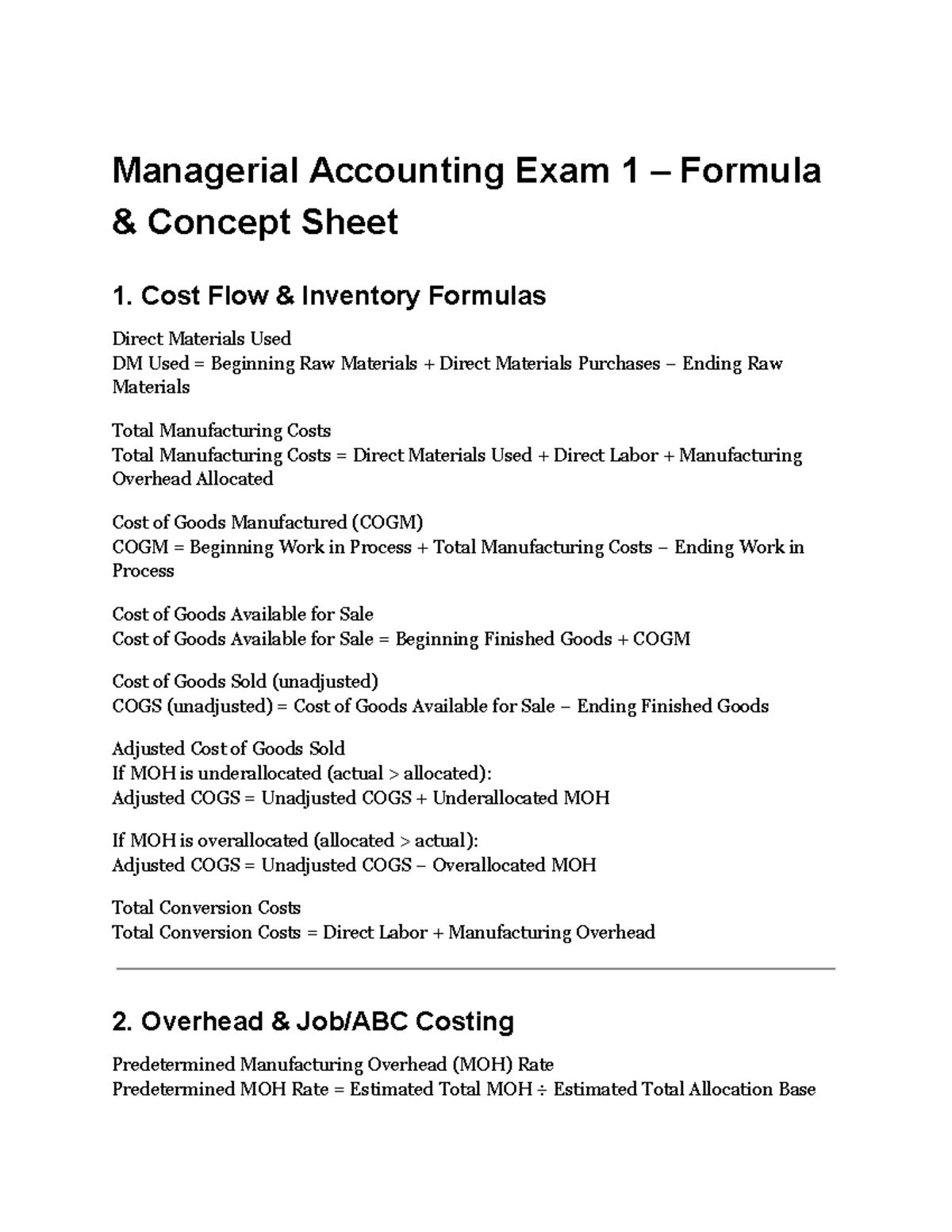Managerial Accounting Exam 1 Formula Concept Sheet - Studocu