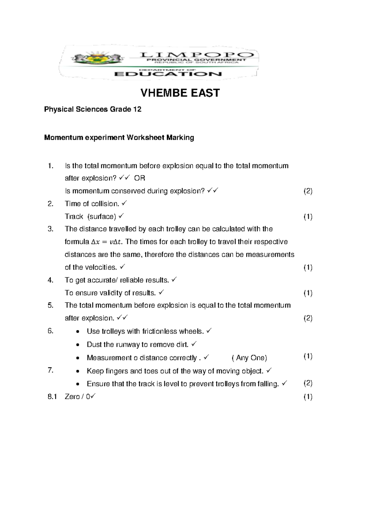 VHEMBE EAST Physical Sciences Grade 12 Momentum Experiment Worksheet ...