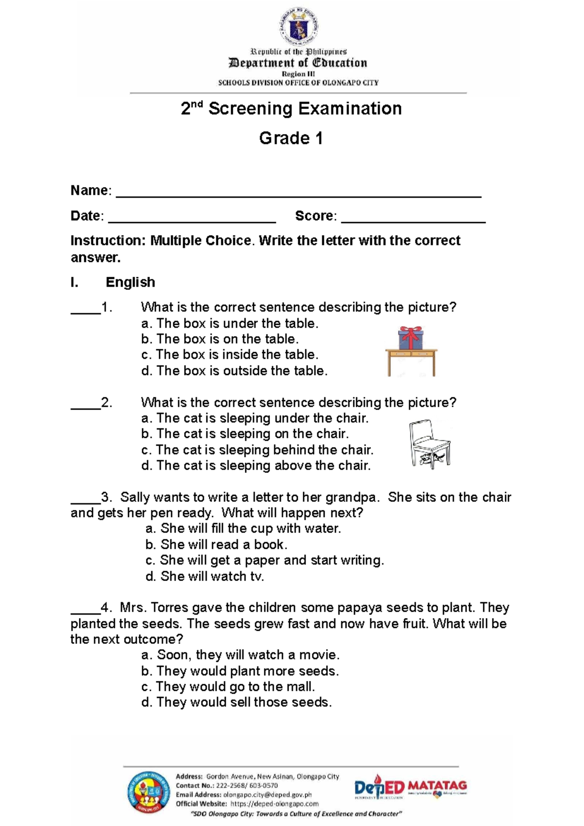 2nd Screening Test for Grade 1: English, Filipino, Math - Studocu