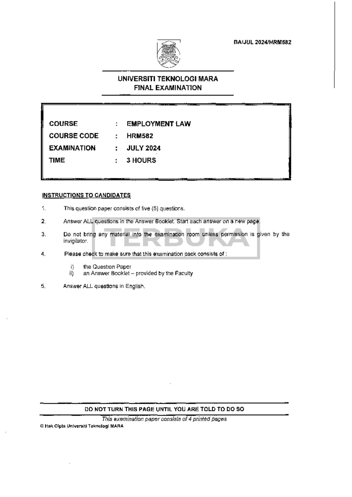 HRM582 Final Exam Paper: Employment Law & Related Issues - Studocu