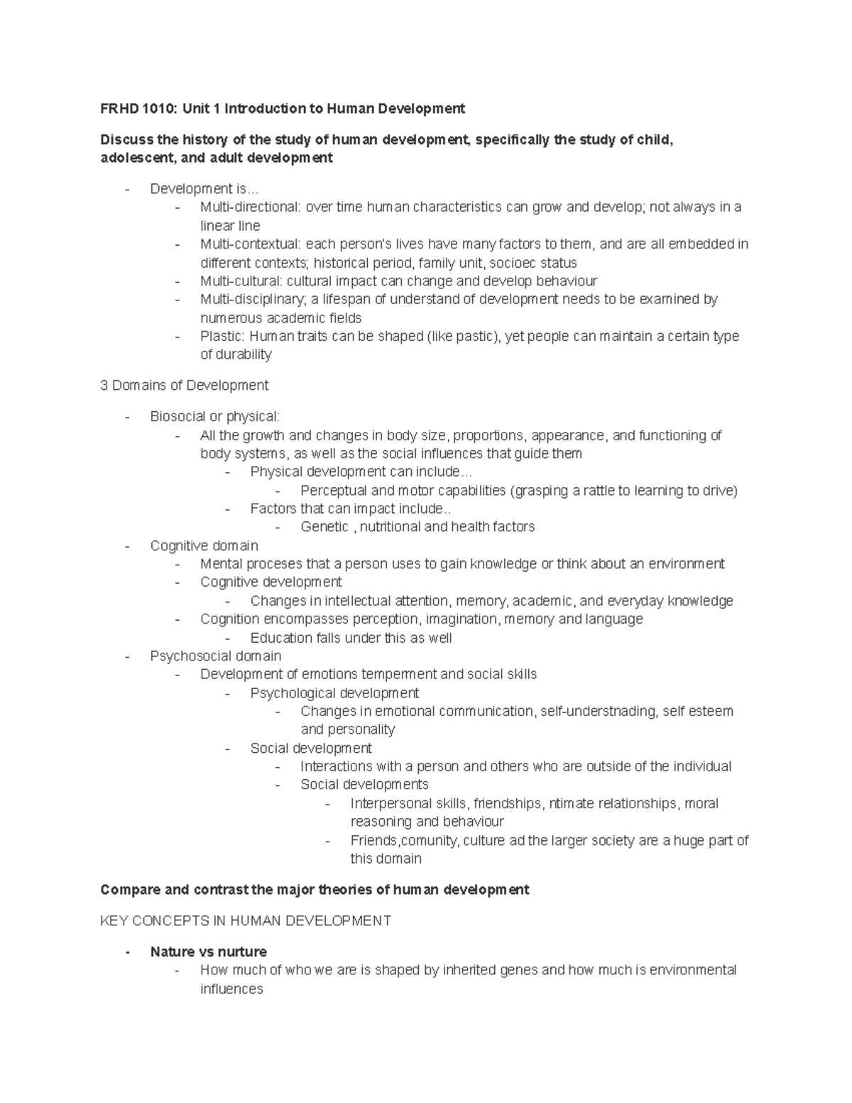 FRHD 1010: Unit 1 - Intro to Human Development Notes and Key Concepts ...