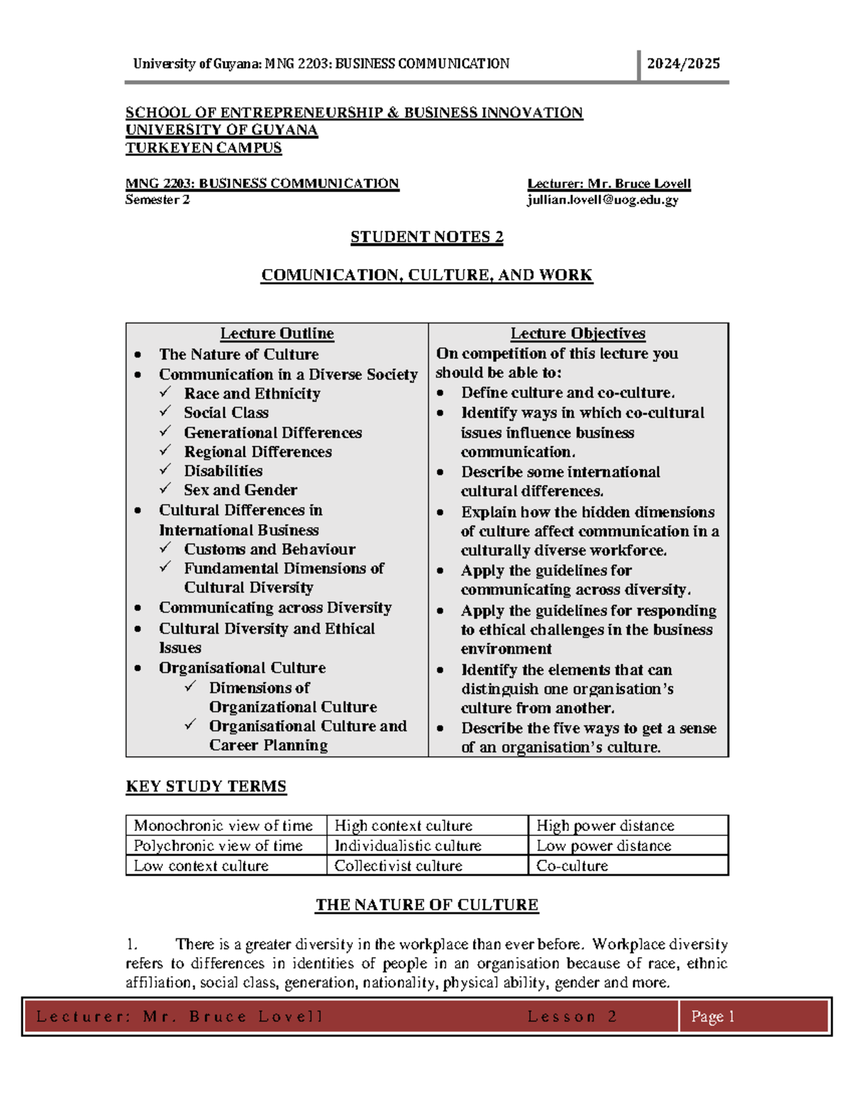 MNG 2203: Business Communication - Lecture Notes on Culture & Diversity ...