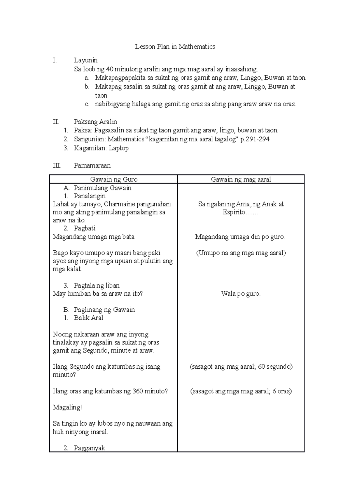 LP Math - Lesson Plan on Time Conversion in Mathematics - Studocu