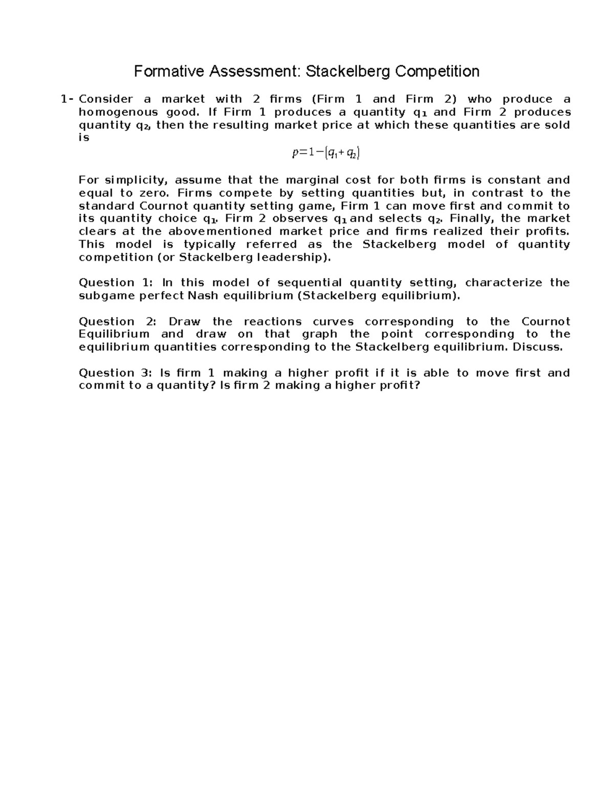F4 Dynamic Games Formative Assessment: Stackelberg Competition Analysis ...