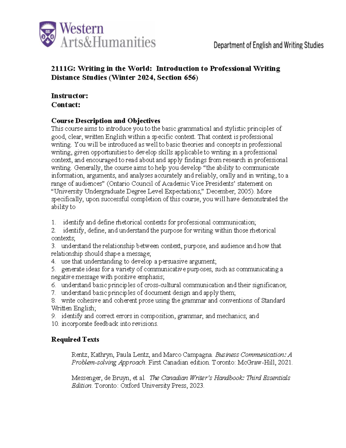 2111G 656 - Intro to Professional Writing: Course Overview ...
