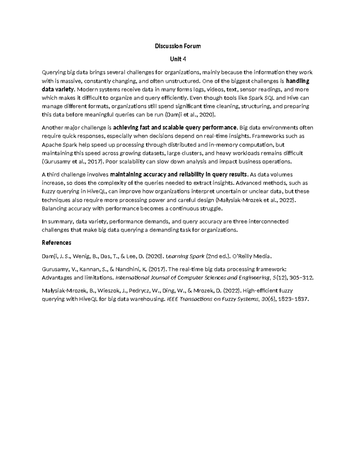 Discussion Forum Unit 4: Challenges in Big Data Querying - Studocu