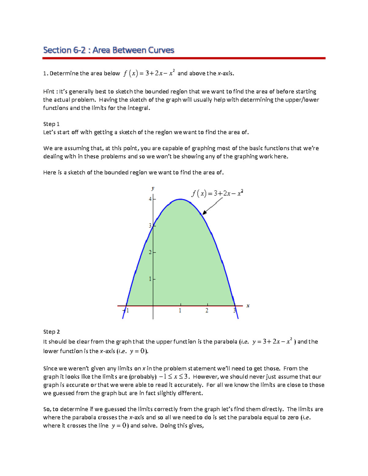Calc I Area Between Curves Solutions - Section 6 - 2 : Area Between ...
