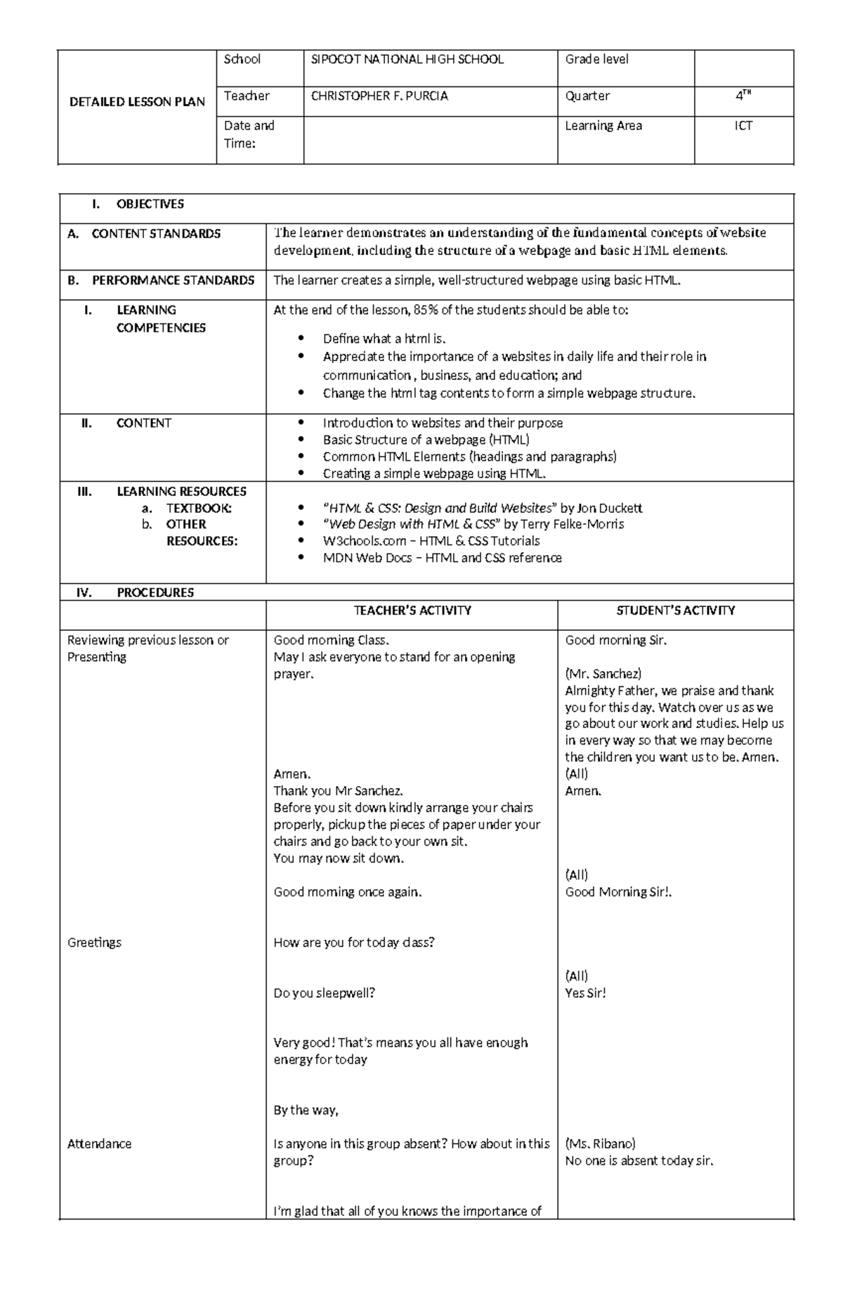 LP for JHS sipocot nhs - Lesson Plan - DETAILED LESSON PLAN School ...