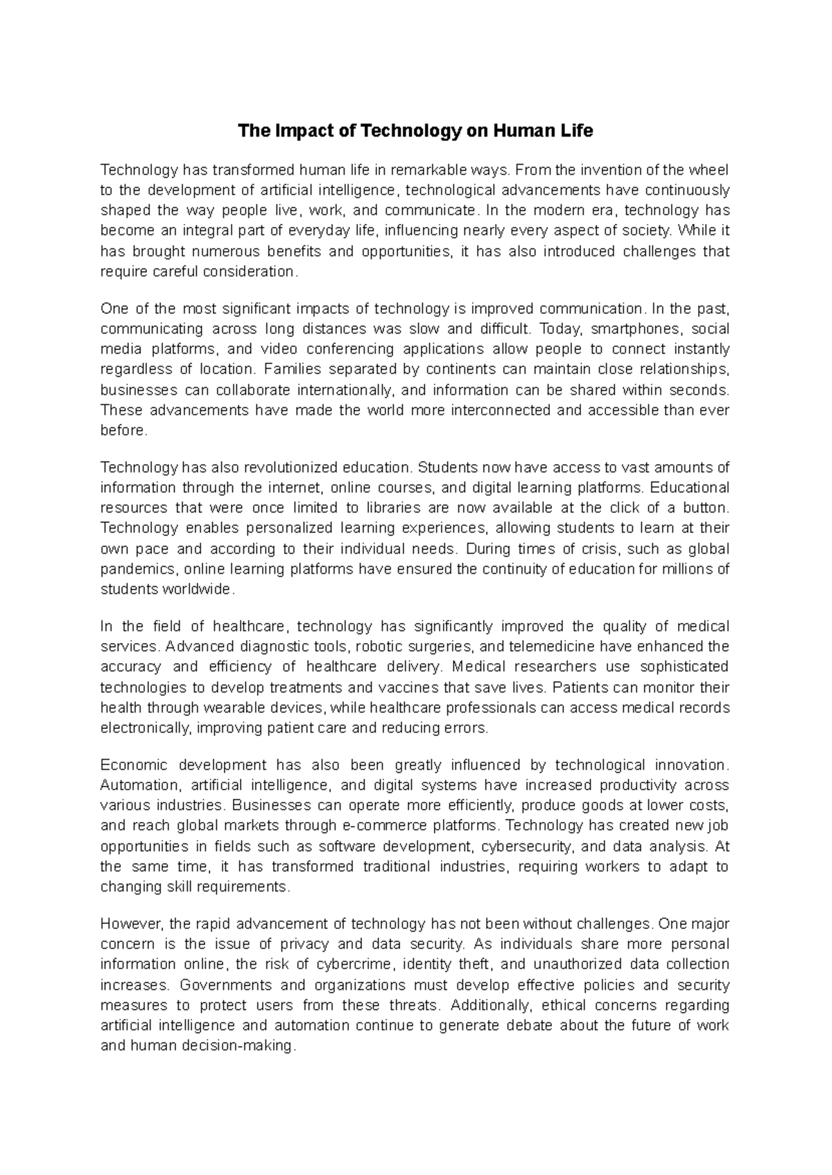 The Impact of Technology on Human Life: A Comprehensive Study - Studocu