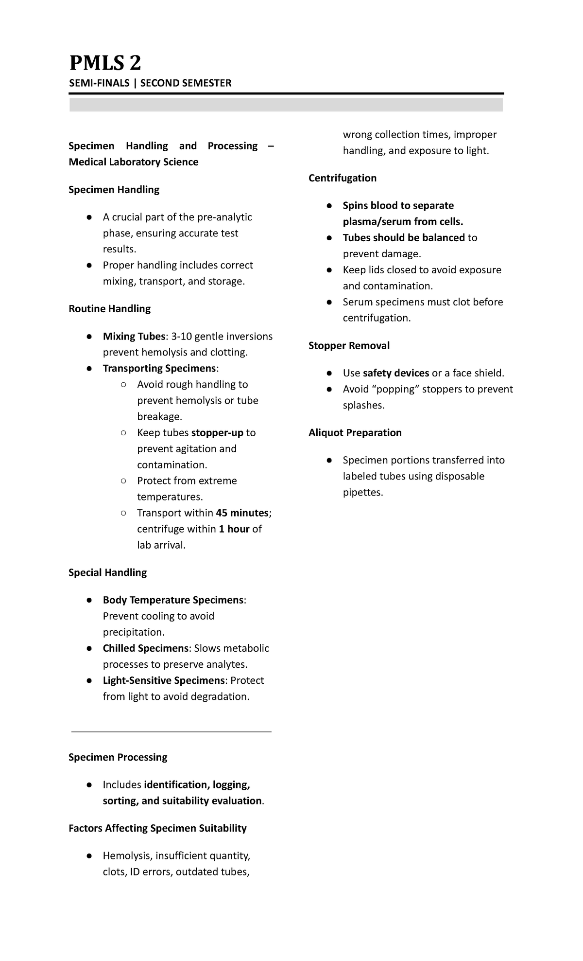 Specimen Handling and Processing - PMLS 2 SEMI-FINALS | SECOND SEMESTER ...