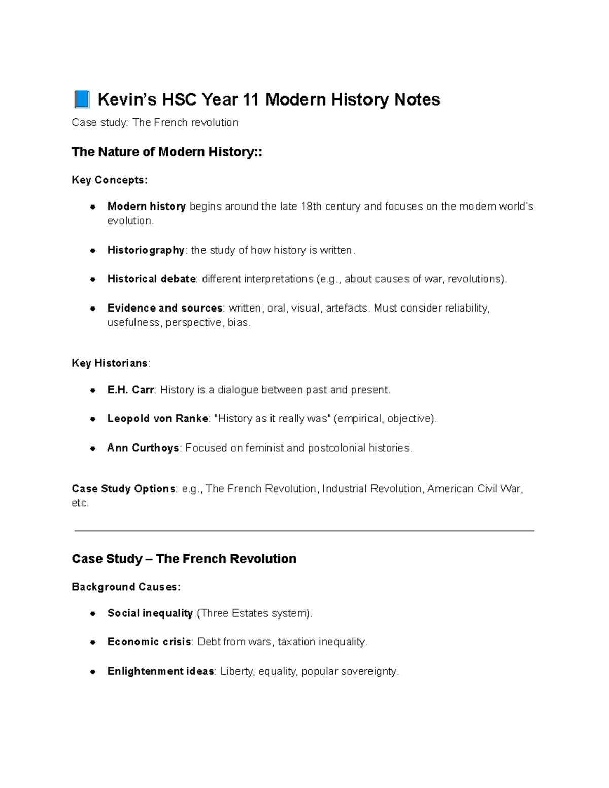 HSC Year 11 Modern History Notes: Case Study on The French Revolution ...