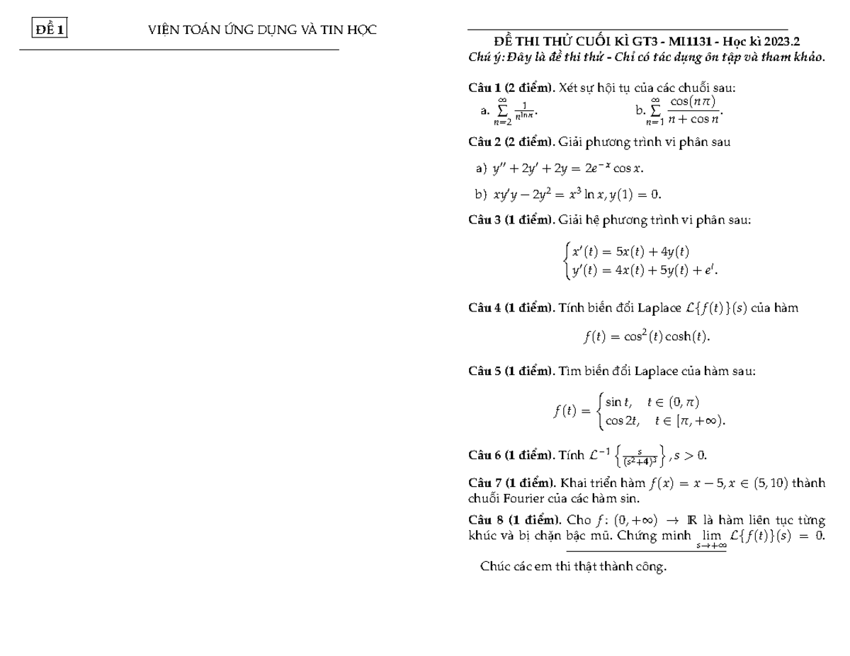 Thi thử 1131 - thi thử giải tích 3 - ó 1 VIõN TOÁNŸNG D÷NG VÀ TIN H≈C óTHI TH€CU»I KÌ GT3 ...