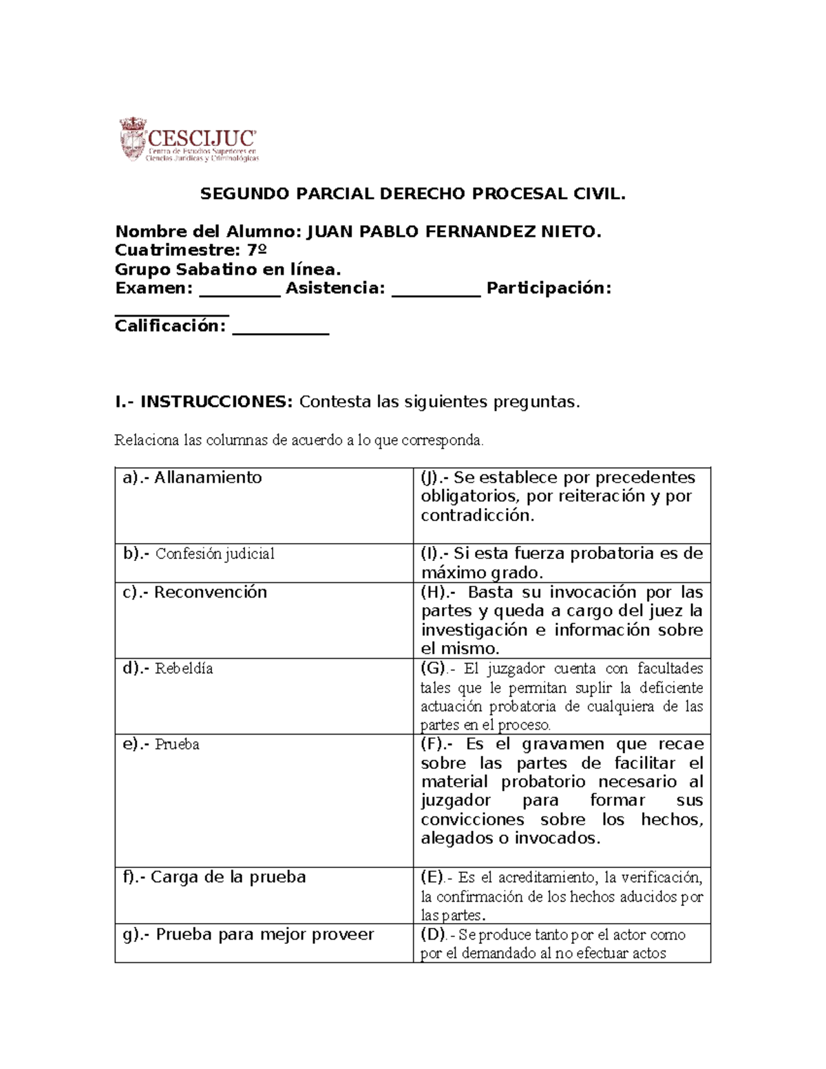 Segundo Parcial de Derecho Procesal Civil - JUAN PABLO FERNANDEZ NIETO ...