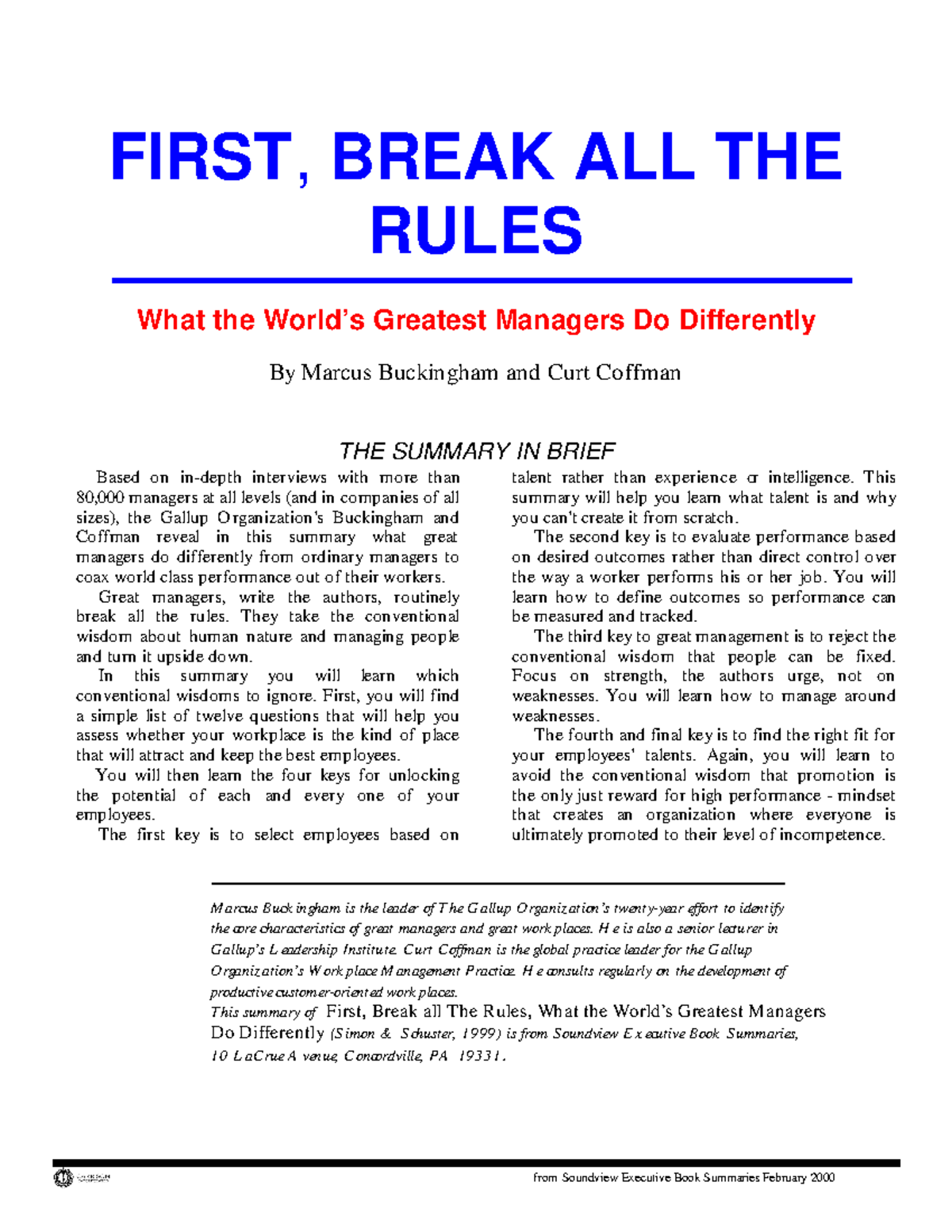 First break all the rules exec summary - from Soundview Executive Book ...